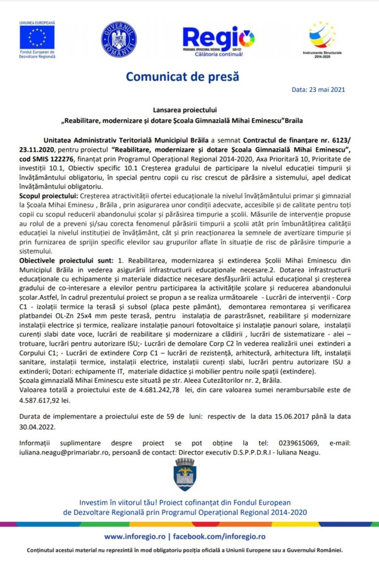 Lansarea proiectului – Reabilitare, modernizare si dotare Scoala Gimnaziala „Mihai Eminescu ...